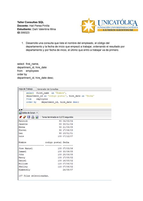 Taller Consultas SQL Taller Consultas SQL Docente Hail Perea Pinilla Estudiante Darli