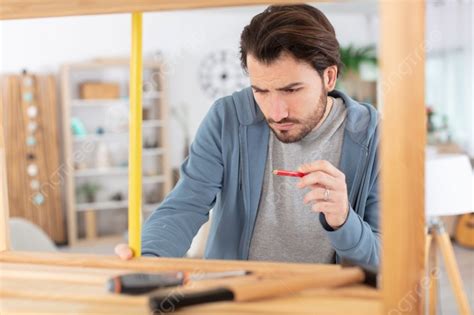 Concentrated Young Man Assembling Furniture Photo Background And