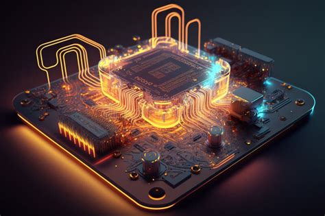 Electronic Circuit Board Close Up Glowing Microchip In Macro Futuristic Circuit Concept