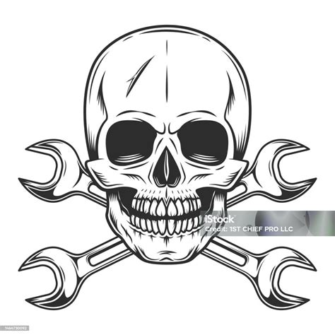 차체 공장 서비스 자동차 및 트럭 정비사 수리 도구가 있는 빈티지 두개골은 가스 및 빌더 배관 파이프 스패너 그림에 대한 렌치 또는 건설을 교차했습니다 0명에 대한 스톡