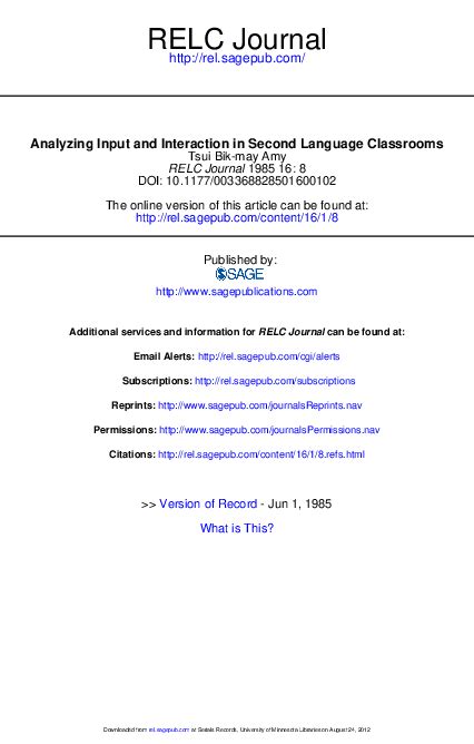 Pdf Analyzing Input And Interaction In Second Language Classrooms