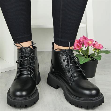 Sarahi Black Pu Chucky Heel Lace Up Ankle Boots