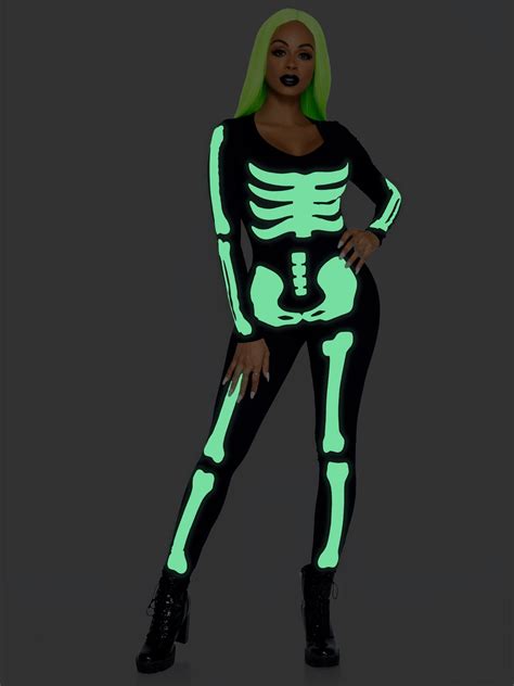 Womens Spandex Glow In Dark Skeleton Costume Jumpsuit Leg Avenue