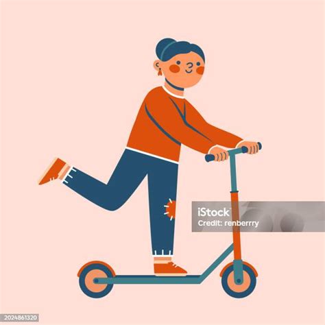 한 여학생이 스쿠터를 탄다 아이 십대 어린 소녀의 귀여운 캐릭터 세계 어린이날 재미있는 만화 사람 플랫 디자인 카드 배너 스티커용 활동적이고 행복한 어린 시절 킥보드에 대한