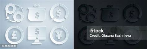 달러 기호 동전 돈 파운드 스털링 엔 지갑 및 기어와 화살표가 있는 컴퓨터 모니터를 워크플로 프로세스 개념 아이콘으로 설정합니다 벡터 0명에 대한 스톡 벡터 아트 및 기타