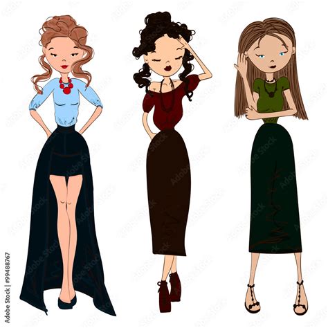 Cute Hand Drawn Fashion Sketch With Three Beautiful Women Wearing Midi