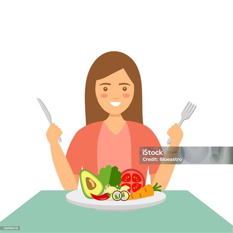 건강이 좋은 채소나 샐러드를 먹는 젊은 여성 흰색 배경에 건강한 먹는 개념 벡터 일러스트 다이어트 식사 음식에 대한 스톡 벡터