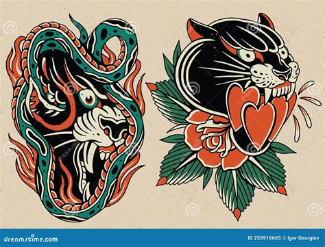 Old Skool Tatoo Flash Set Stock Vector Illustration Of Eagle 253916665