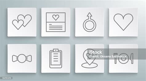 세트 라인 나비 넥타이 인사말 카드 체크리스트클립보드 위치 하트 플레이트 포크와 칼 남성 성별 기호 심장과 아이콘 벡터 저녁 식사에 대한 스톡 벡터 아트 및 기타 이미지