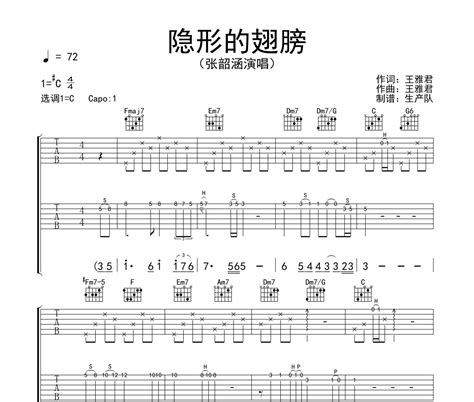 隐形的翅膀吉他谱 张韶涵《隐形的翅膀》六线谱c调吉他谱 乐手网