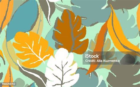 손으로 그린 색상으로 매끄럽게 꽃 이국적인 몬스터 잎 귀여운 여름 배경 열대 가지 현대 꽃 구성 벽지 직물 직물을위한 패션 벡터 일러스트 레이 션 0명에 대한 스톡 벡터