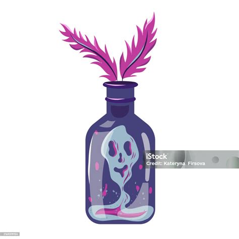 마녀의 비약 또는 연금술사 독의 마법 물약 병 소름 끼치는 해골 태그가 달린 사악한 마법사 유리 항아리 할로윈 벡터 디자인
