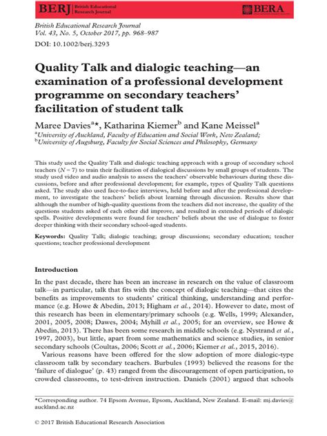 Davies Kiemer Meissel 2017 Quality Talk Dialogic Teaching Pdf Teachers Learning