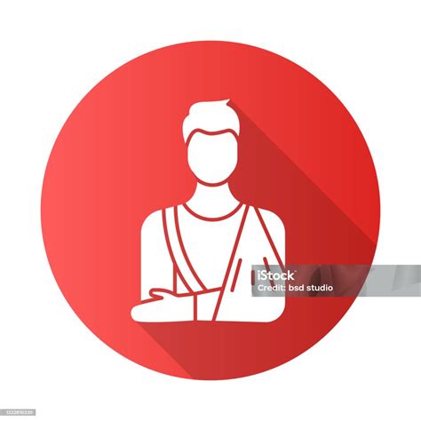 정형 외과 캐스트 빨간색 평면 디자인 긴 그림자 문말 아이콘 골절 된 뼈 부러진 팔을 가진 환자 의료 절차 부상 치료 사고 도움 외상 원조 벡터 실루엣 일러스트레이션 개념에