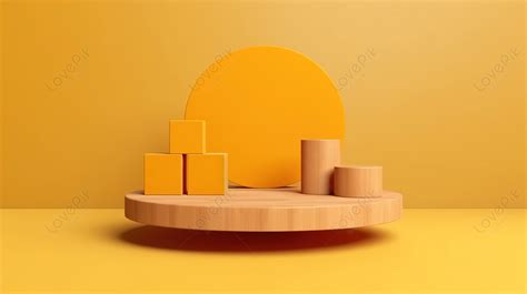 제품 쇼케이스를 위한 생생한 노란색 배경에 추상 기하학적 모양이 있는 나무 연단의 놀라운 3d 렌더링 연단 배경 노란 배경 놀라 배경 이미지 Hd 연단 노란 놀라