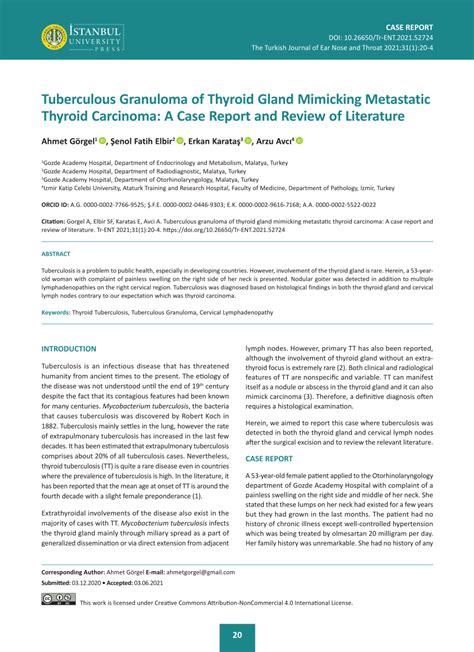 Pdf Tuberculous Granuloma Of Thyroid Gland Mimicking Metastatic