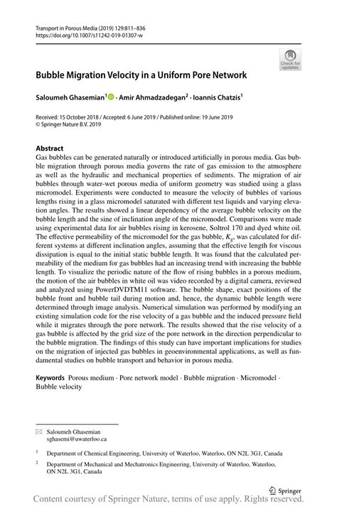 Bubble Migration Velocity In A Uniform Pore Network Request Pdf