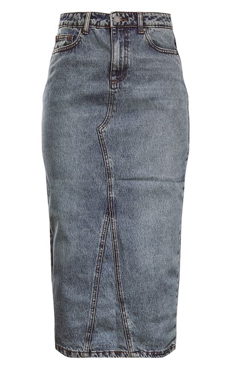 Acid Blue Wash Denim Split Back Midi Skirt Denim Prettylittlething