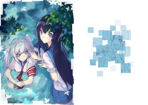 Safebooru 2girls Armband Blue Eyes Blue Hair Bracelet Candy Cover