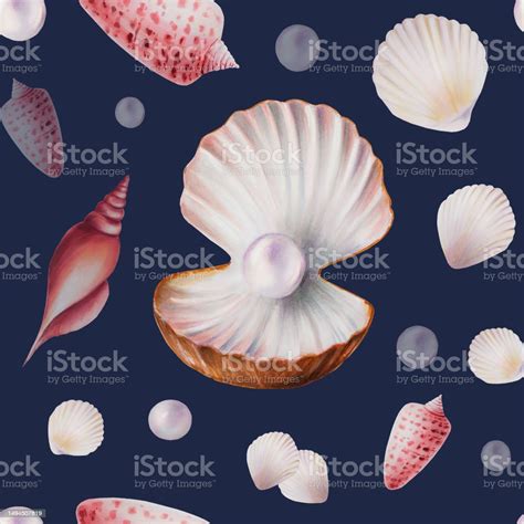 조개껍데기와 진주가 있는 수채화 이음매 없는 패턴 손으로 그림을 그리는 클립아트 수중 생물은 흰색의 고립된 배경에 있다 디자이너