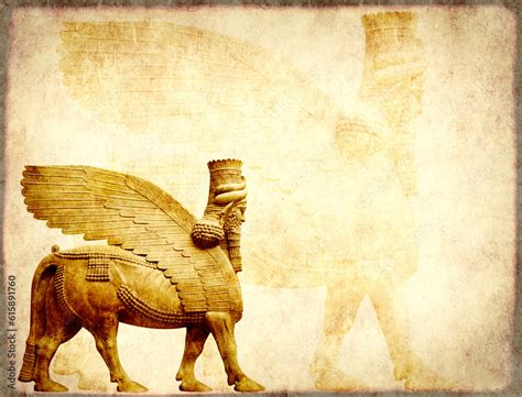 Grunge Background With Paper Texture And Lamassu Human Headed Winged