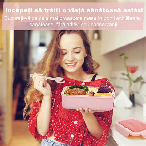 Кутия за храна пластмаса с прибори за хранене розов Emag Bg