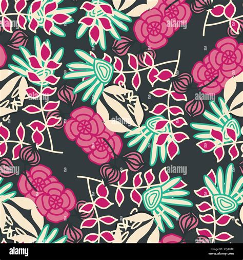 doodled botany plants seamless repeat pattern random placed flowers