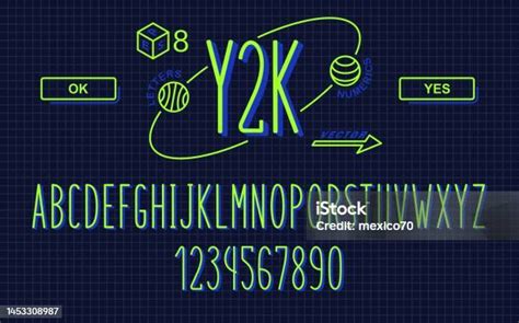 Y2k 스타일의 세로 매우 긴 글꼴입니다 2000 년대 스타일의 트렌디 한 그래픽 문자와 숫자의 집합입니다 벡터 알파벳 컴퓨터