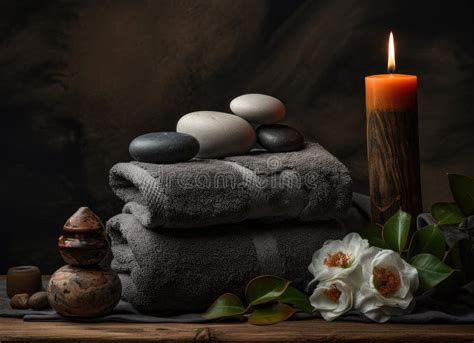 Towel On Fern With Candles And Black Hot Stone On Wooden Background