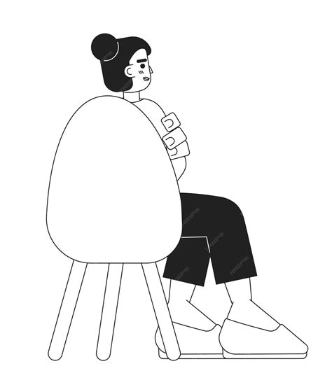 Premium Vector South Asian Adult Woman Sitting In Chair Back View Black And White 2d Cartoon