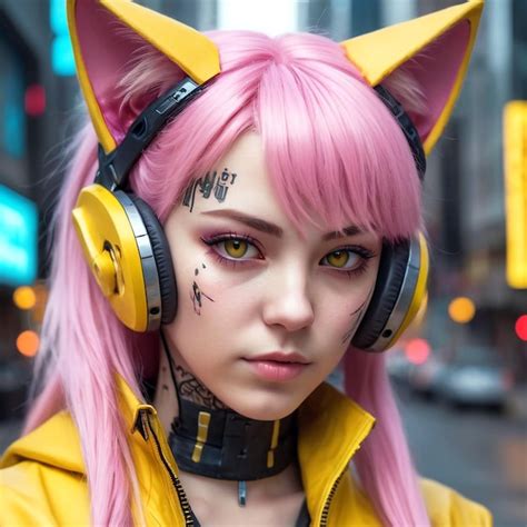 Premium Photo Close Up Portrait Photograph Of A Cyberpunk Catgirl