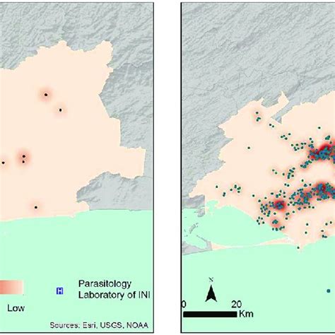 Geographical Distribution And Gaussian Kernel Density Surface Map Of