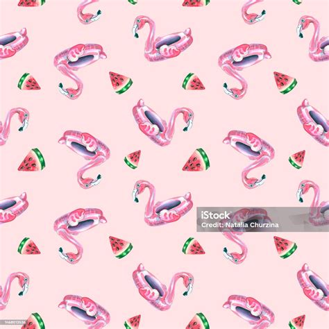 분홍색 배경에 수박 조각이 있는 풍선 핑크 플라밍고 수채화 그림입니다 비치 바 컬렉션의 매끄러운 패턴 직물 섬유 벽지 포장 종이 바에 대한 스톡 벡터 아트 및 기타 이미지
