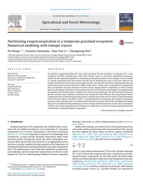 Pdf Partitioning Evapotranspiration In A Temperate Grassland Ecosystem Numerical Modeling
