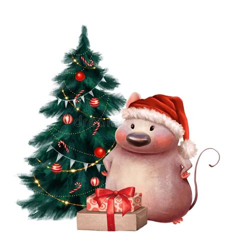 Mouse With Fir Tree And Presents Hand Drawn Christmas Illustration