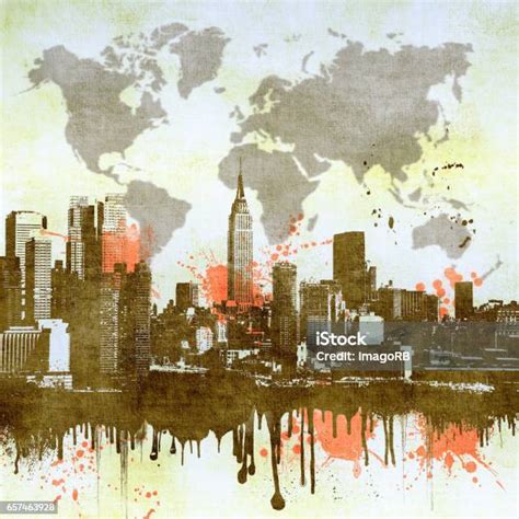 Grunge 滴紐約天際線與象徵世界地圖在天空中基本世界地圖禮貌美國國家航空航天局 照片檔及更多 曼克頓 照片 曼克頓 舊的 世界地圖