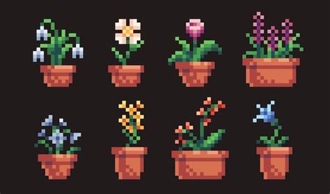 Premium Vector Flowerpot Pixel Art Set Home Plants In Ceramic Vase
