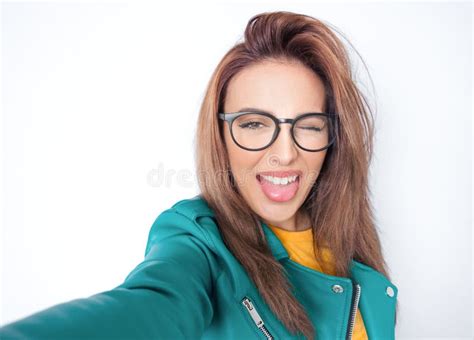 Selfie Close Up Funny Mocked Woman Takes Photo Of Himself With Her