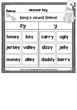 LONG E VOWEL TEAMS EE EA EY Y SORTING CUT PASTE WORKSHEETS PHONICS ACTIVITY