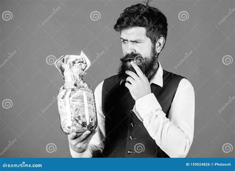 Man Bearded Hipster Hold Jar Full Of Cash Keeping Cash Issues