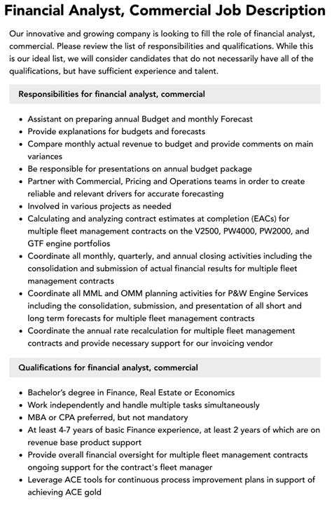 Financial Analyst Commercial Job Description Velvet Jobs