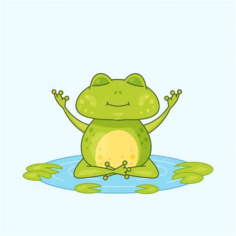 연꽃 포즈에 귀여운 개구리입니다 쾌활한 개구리의 나머지입니다 벡터 일러스트 레이 션 프리미엄 벡터