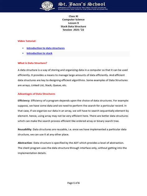 Class Xi Computer Science Lesson 9 Stack Data Structure Session 2021