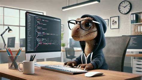 funny dinosaur programmer typing code at modern office desk stock illustration illustration of