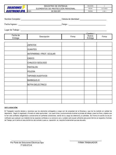 Se Reg Epp Registro De Entrega De Epp Pdf