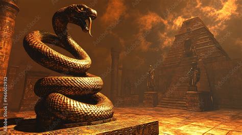 Mystical Bronze Serpent Statue In Mesopotamian Setting With Fiery Aura Stock Illustration