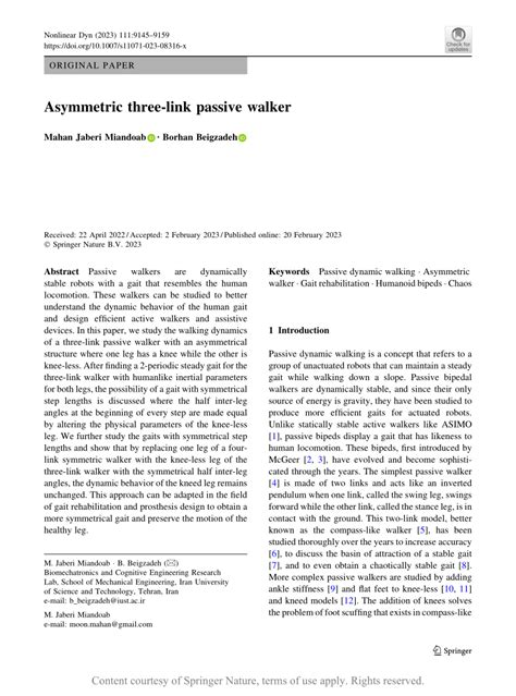 Asymmetric Three Link Passive Walker Request Pdf
