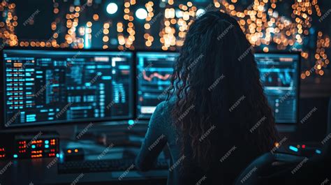Person Behind Of A Multimonitor Computer Or One Pc Work With Graphs Or