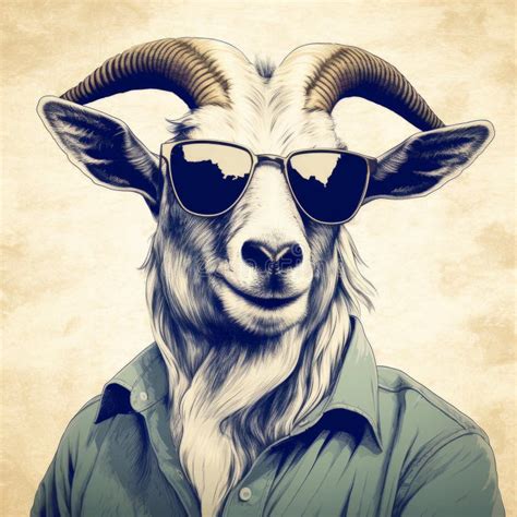 Cool Goat In Sunglasses Vintage Comic Style Portrait On White