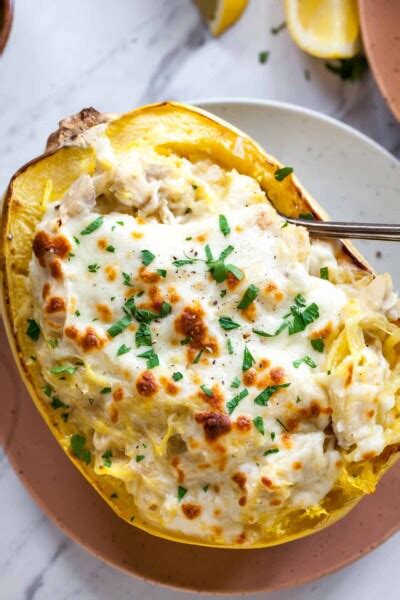 Skinny Chicken Alfredo Stuffed Spaghetti Squash Dishing Out Health